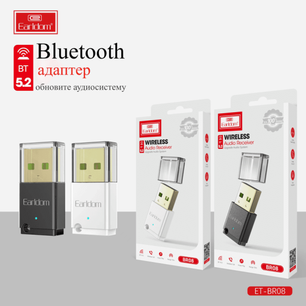 Ресивер Bluetooth для музыки Earldom ET-BR08, (USB, микрофон), черный